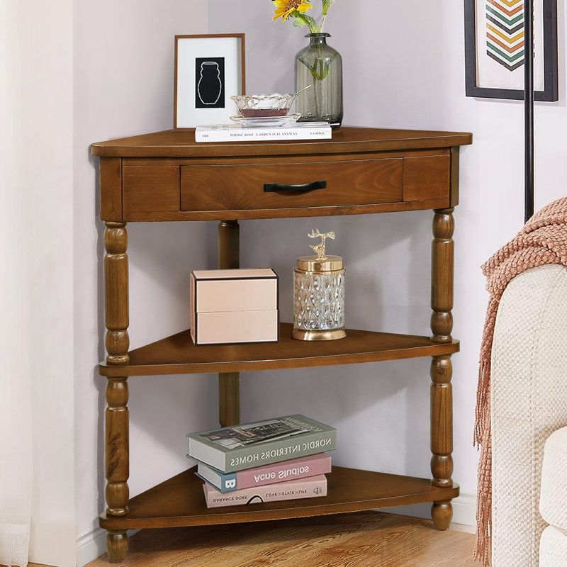 Tall Corner End Table With Drawer And Shelves
